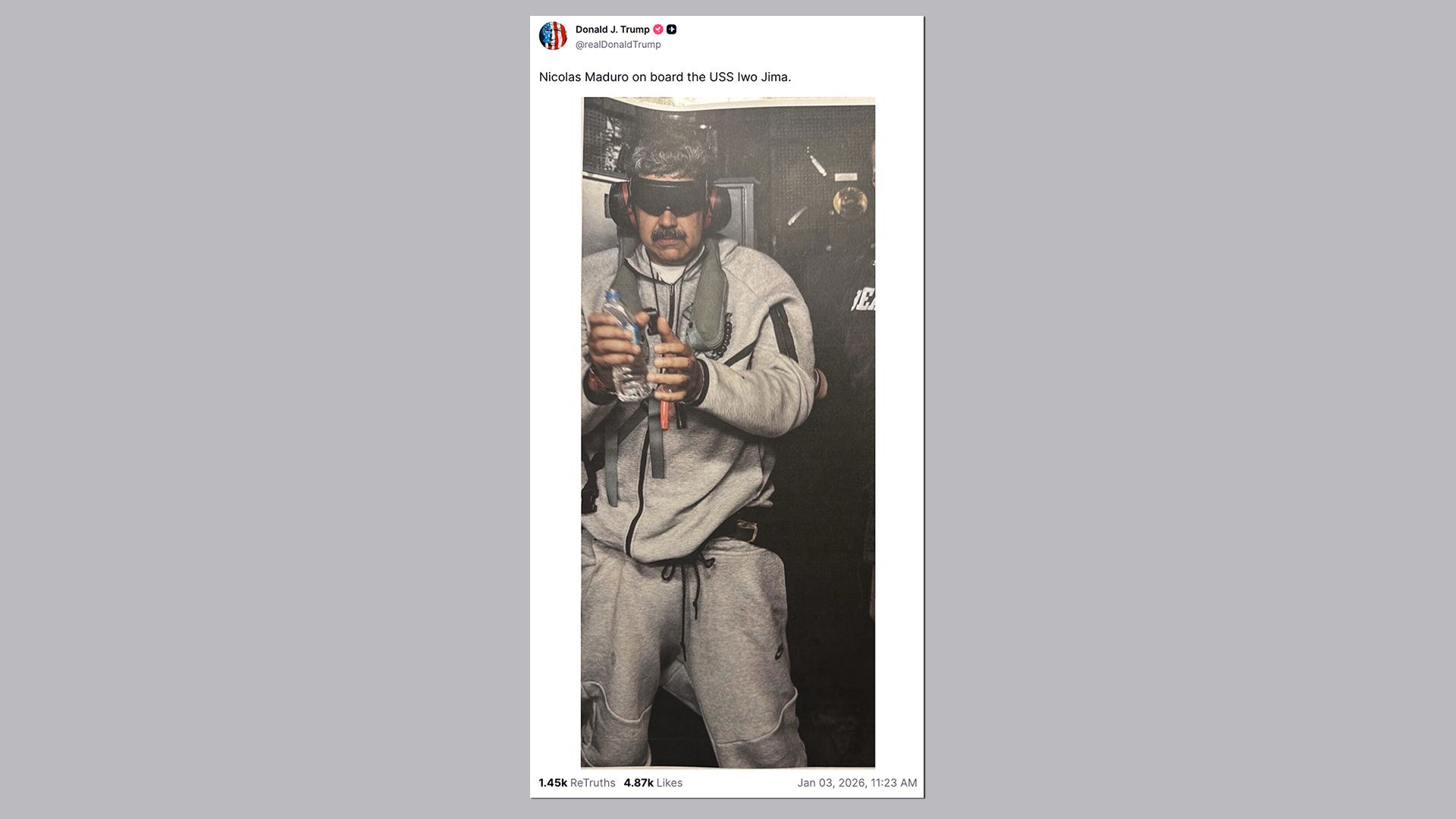 Trump shares photo of Maduro's capture on Truth Social