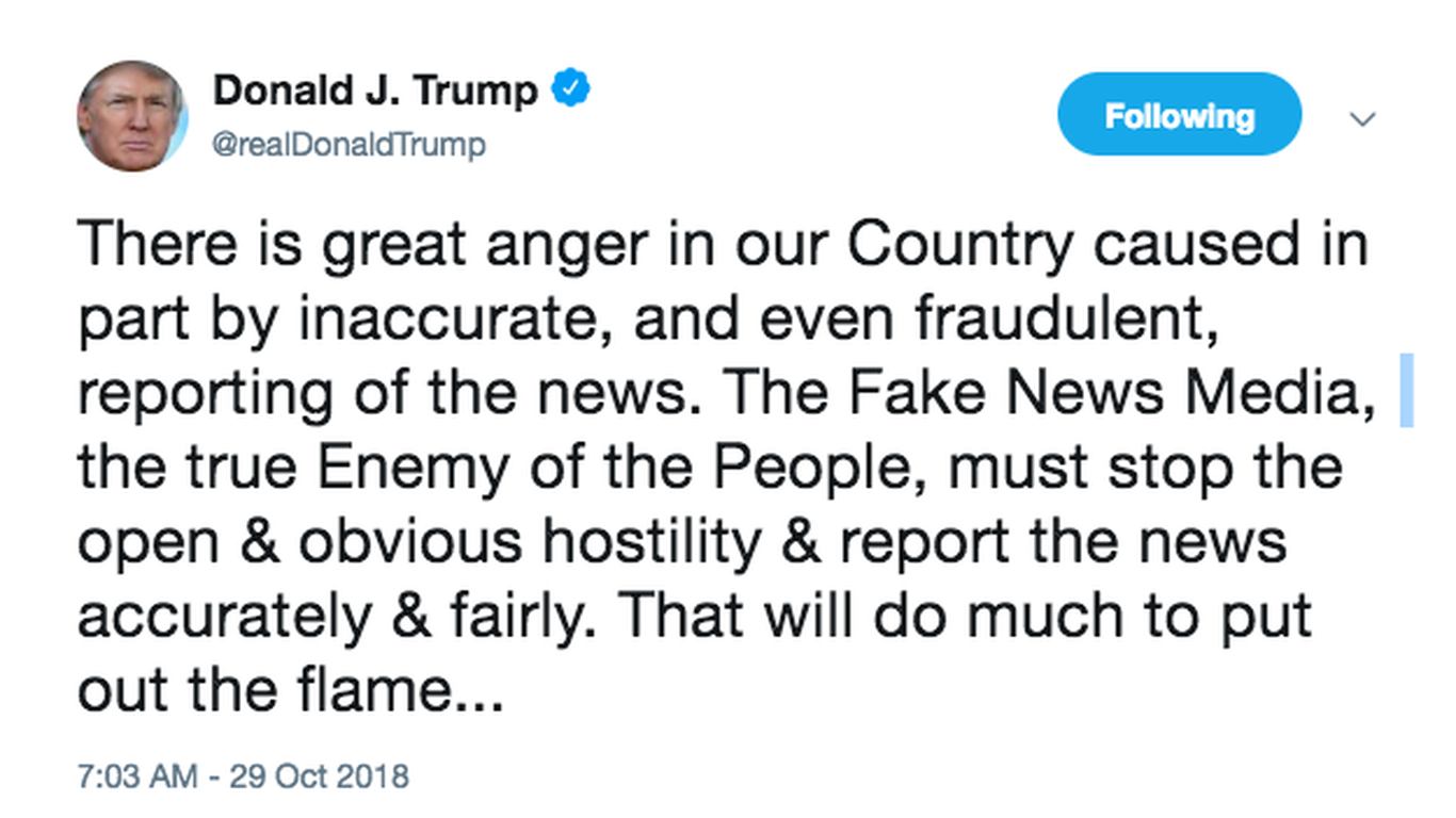 Trump tweets that media is to blame for political hostility