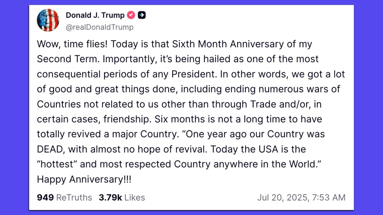 Trump touts US as "most respected country" as he marks six months in office