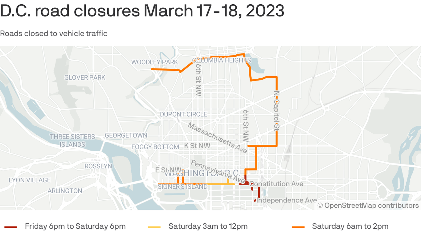 Map: D.C. road closures March 18, 2023 for Rock 'n' roll half marathon ...