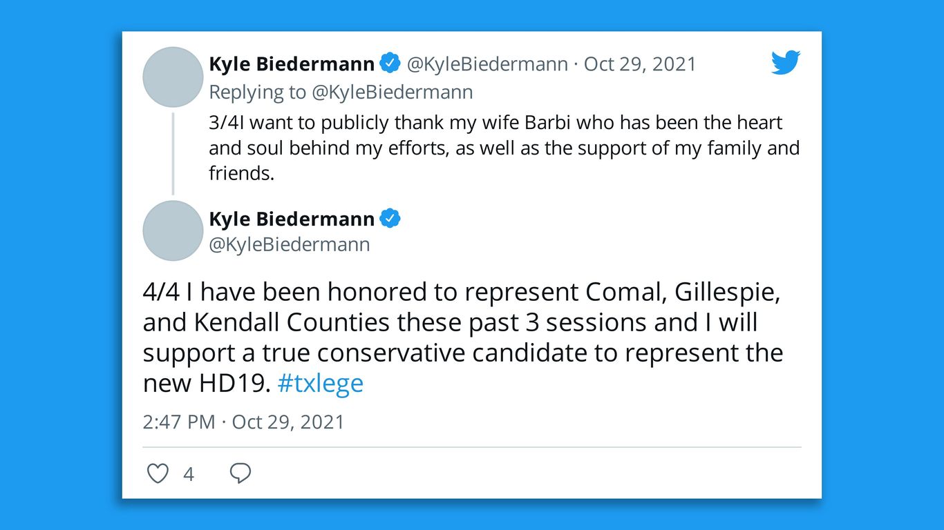 Hill Country Rep. Kyle Biedermann won't seek reelection - Axios Austin