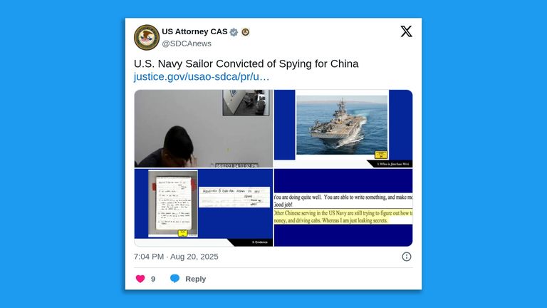 US Navy sailor convicted of spying for China from California ship