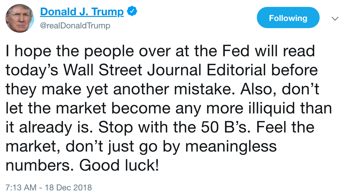 Trump counsels Fed to "feel the market" before interest rates decision