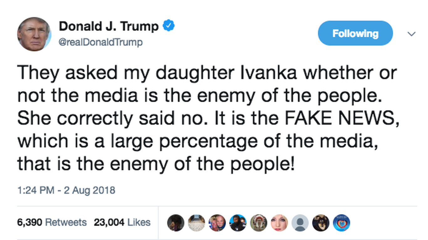 Trump tweets response to Ivanka on media as "enemy of the people"