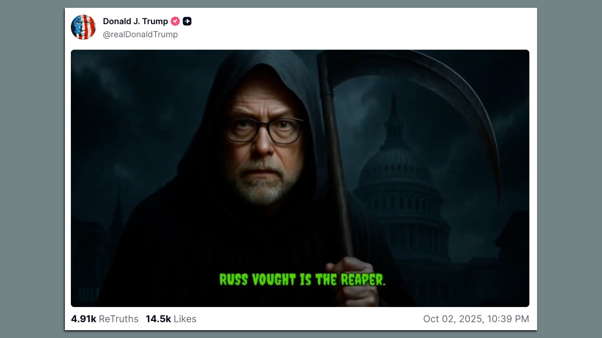 Trump's AI video shows Russ Vought as government shutdown grim reaper