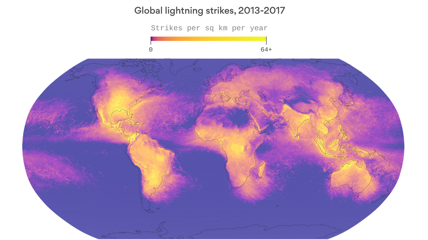 This rotating map shows nearly 9 billion lightning bolts