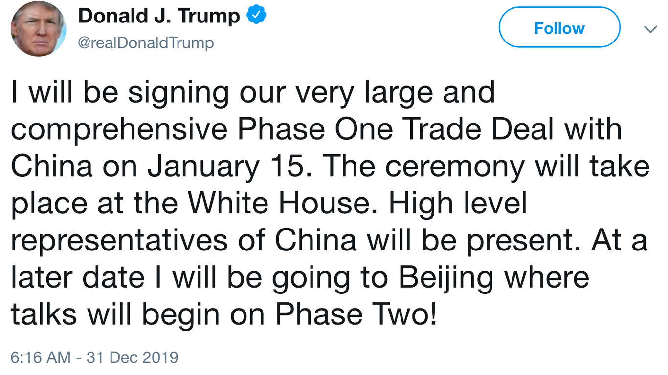 Trump Says Hell Sign Phase One Trade Deal With China At White House