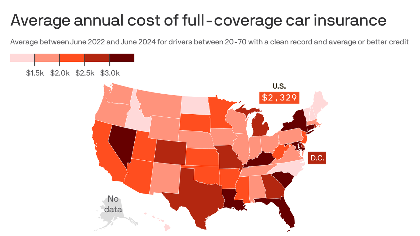 The states with the most expensive car insurance, mapped