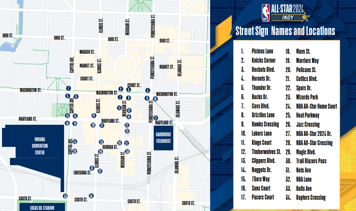 Here's a map of every NBA team street sign in Indianapolis for All-Star ...
