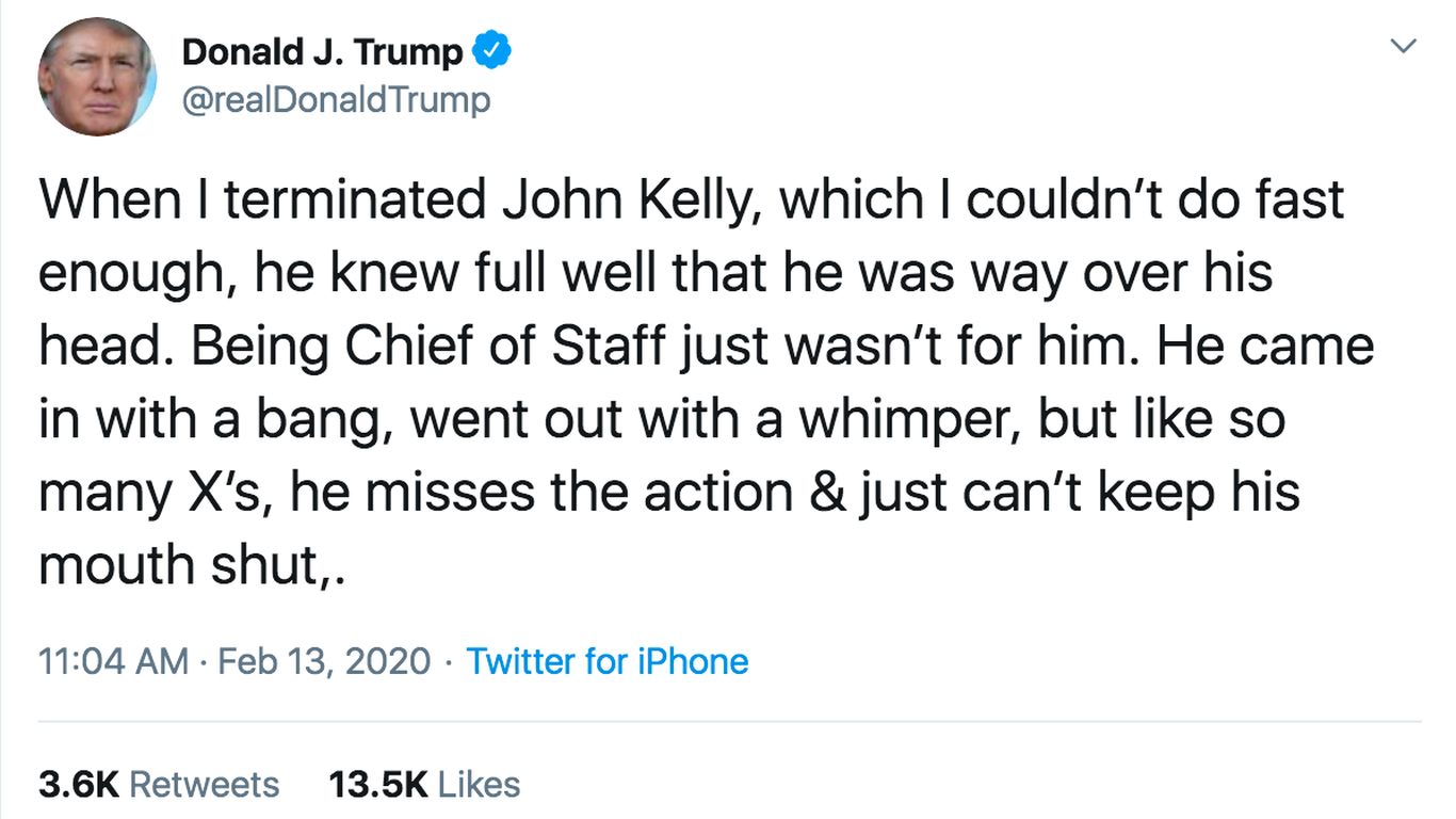 Trump fires back at John Kelly: He "just can't keep his mouth shut"