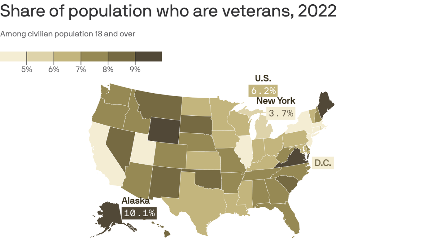 Map: The U.S. states with the highest and lowest shares of veteran ...
