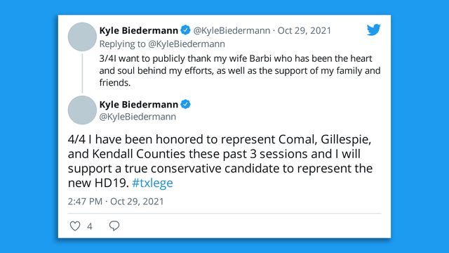 Hill Country Rep. Kyle Biedermann won't seek reelection - Axios Austin