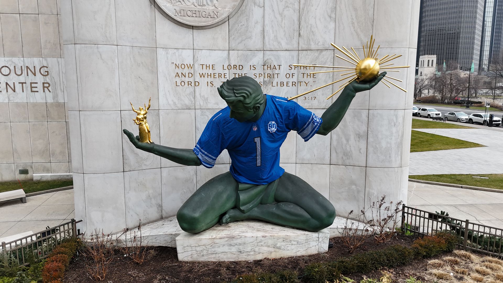 Spirit of Detroit statue dons Lions jersey - Axios Detroit