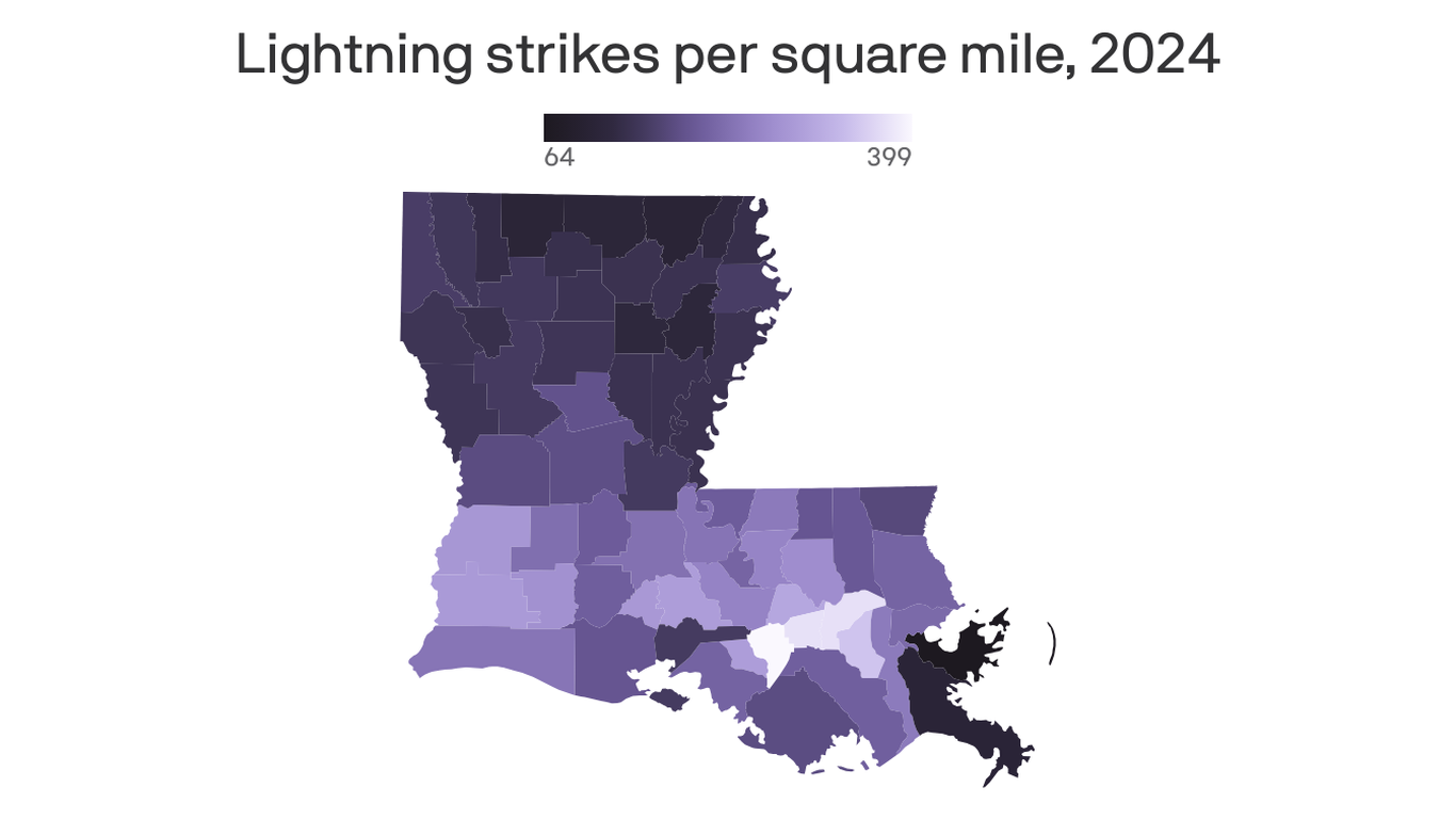 Louisiana's parishes with the most lightning strikes - Axios New Orleans
