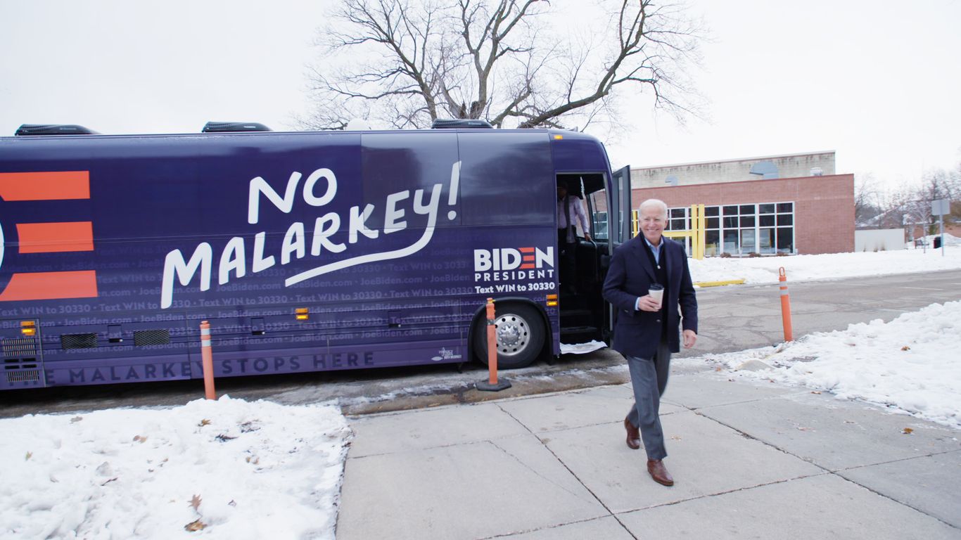 Joe Biden's "No Malarkey" bus tour takes on rural Iowa ahead of caucuses