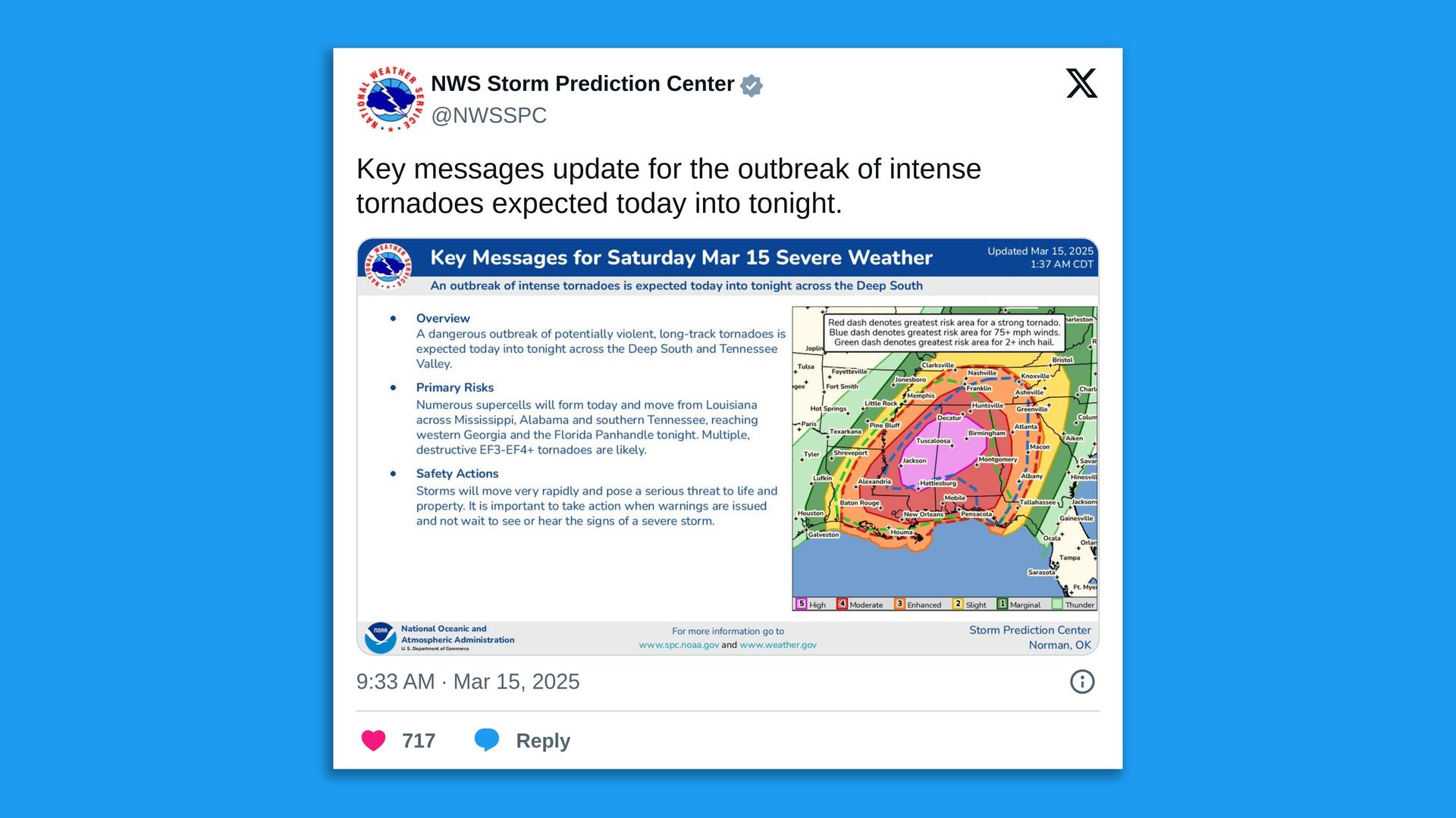 "High risk" tornadoes take aim at the South