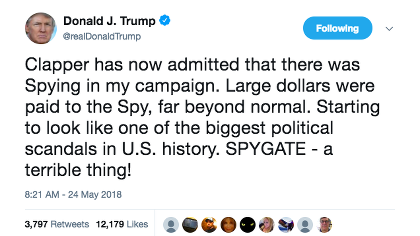 Trump targets Clapper, Comey in FBI "Spygate" tweets