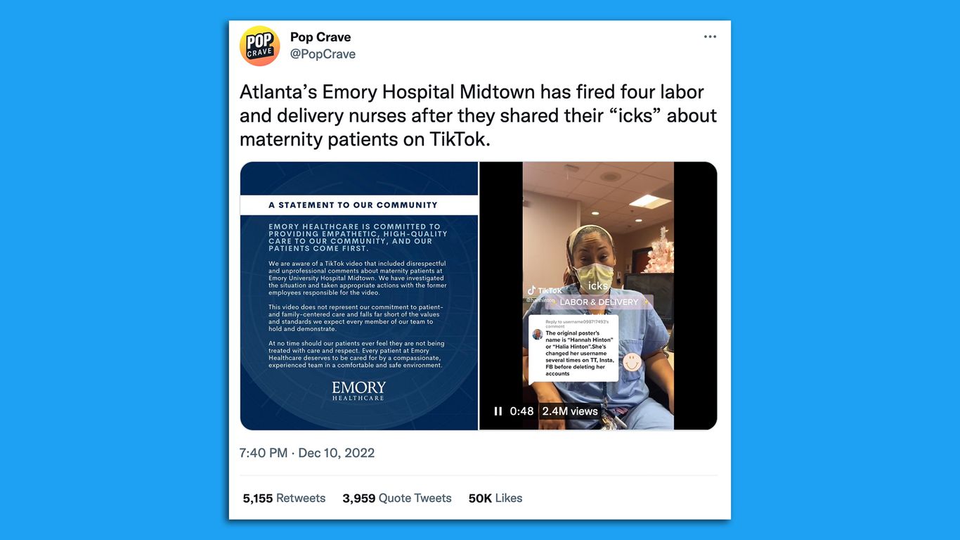 Outrage over Emory Hospital nurses' TikTok video prompts big questions - Axios Atlanta