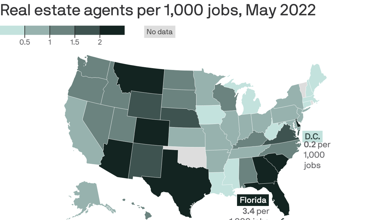 Which states have the highest share of real estate agents