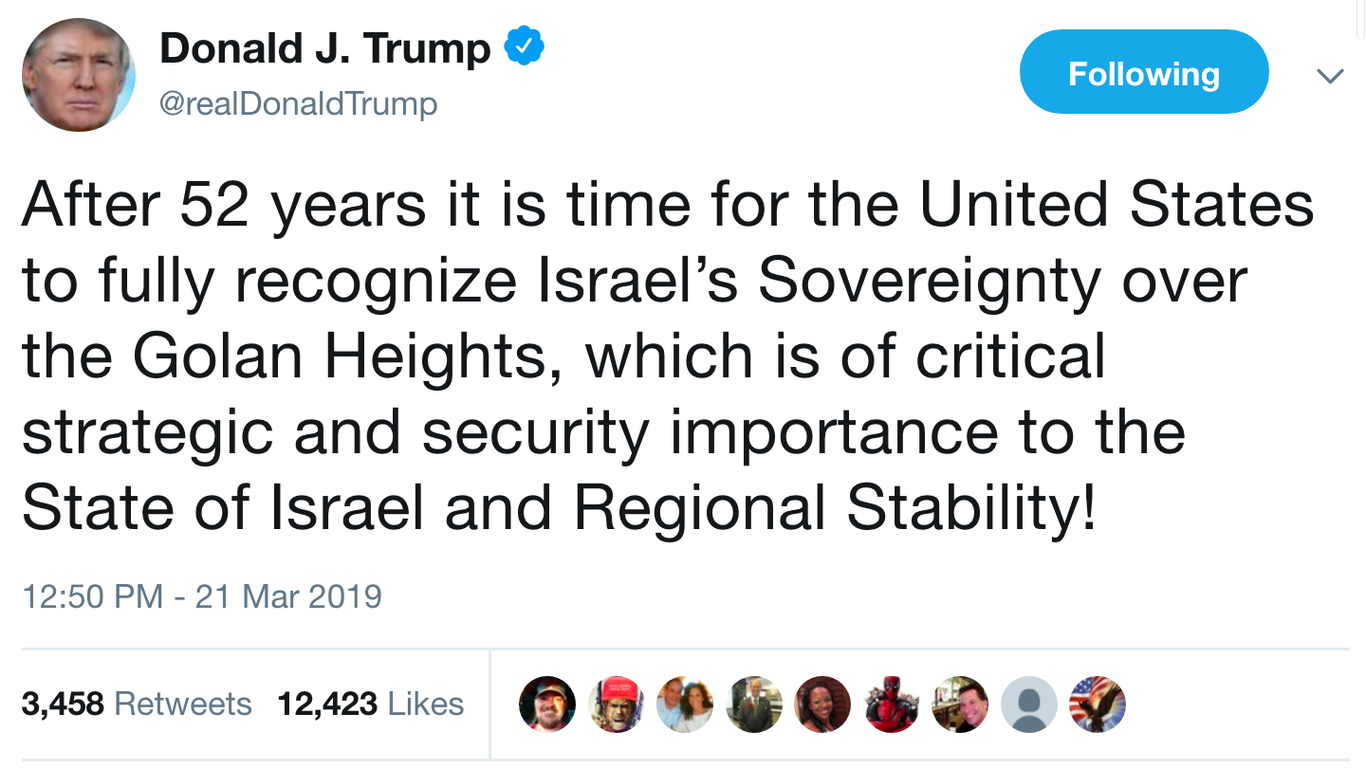Trump recognizes Israeli sovereignty in the Golan Heights