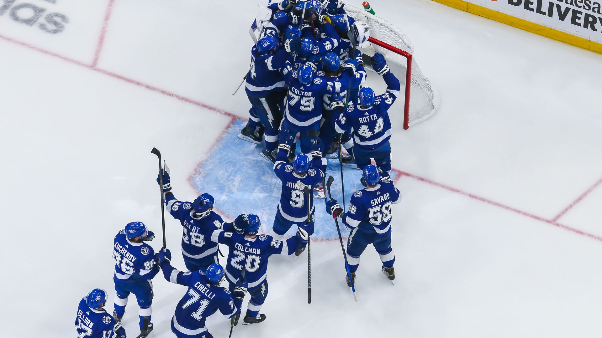 Players for the Tampa Bay Lightning engage in jubilant celebration on ...