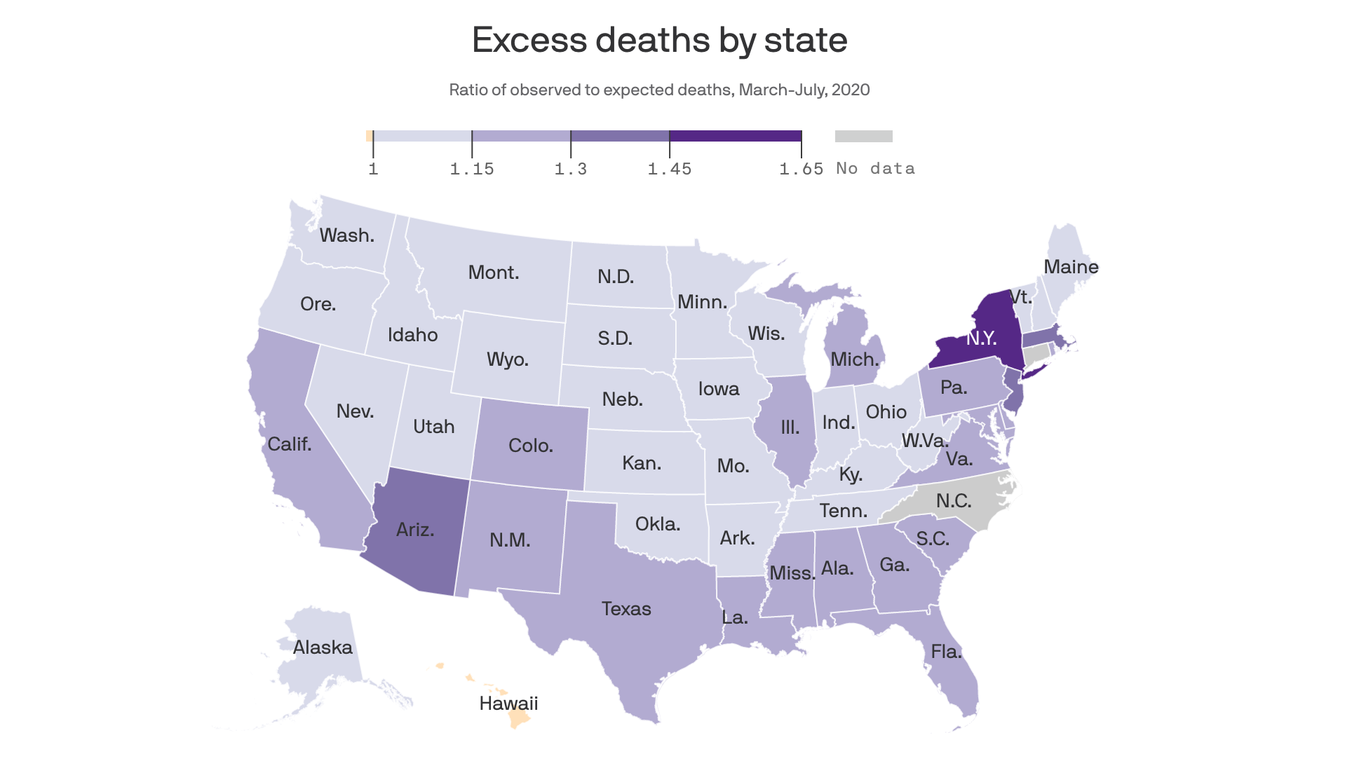 Which states have seen the most excess deaths because of coronavirus