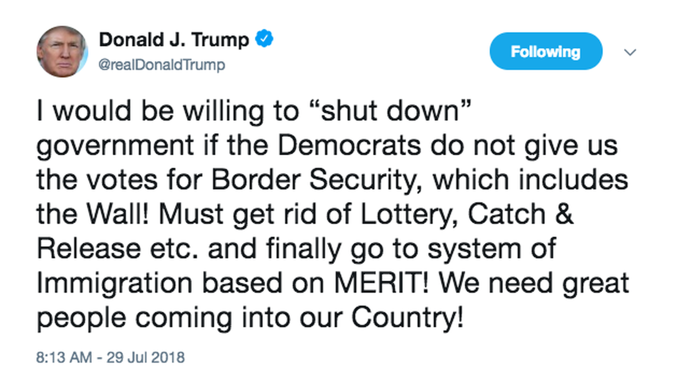Trump tweets government shutdown threat over his immigration plan